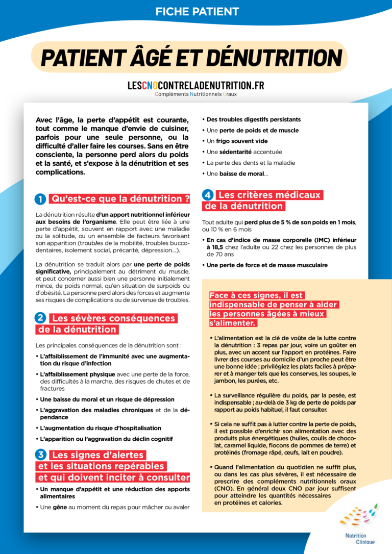 Fiche patient : patient âgé et dénutrition - Les CNO contre la denutrition